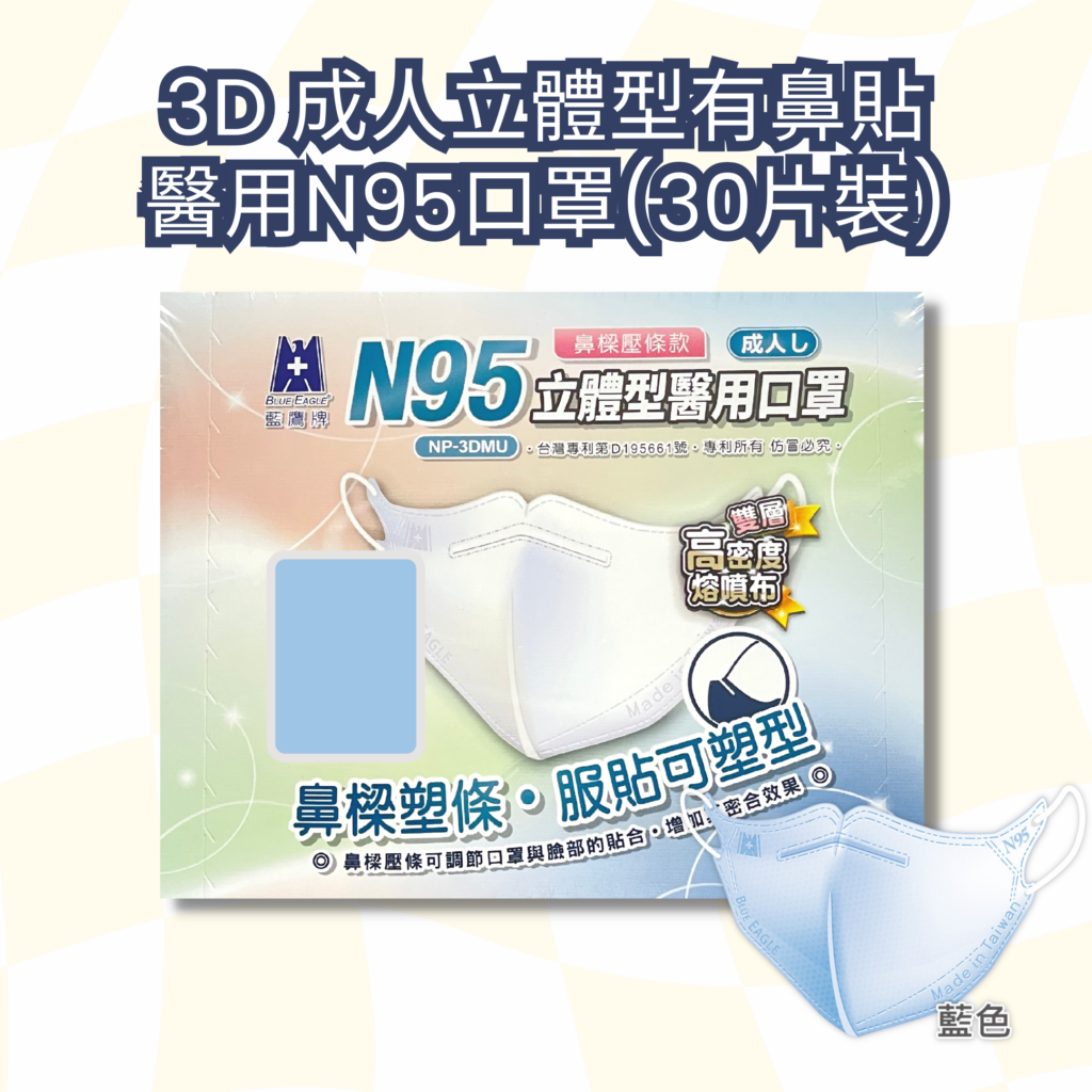 Blue Eagle - 3D Adult Medical N95 Masks (30 pcs) - Blue Color (with nose clip) - MDD HK